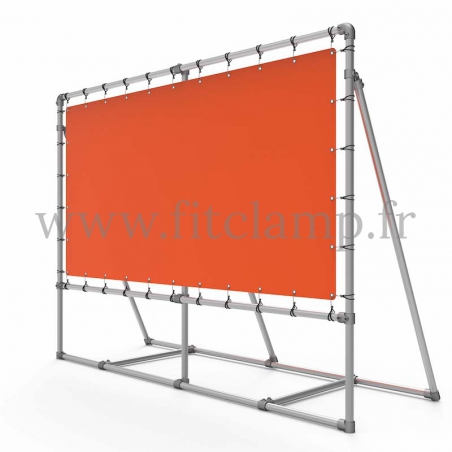 Mobile display frame with tension banner on aluminium tubular structure.